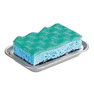 mDesign 2-Piece Soap Dish for Kitchen Sink - Bar of Soap Holder with Drainage Grate for Kitchen - Countertop Caddy Dish Rest for Scrubber, Sponge and Brushes - Unity Collection, 2 Pack, Brushed Chrome