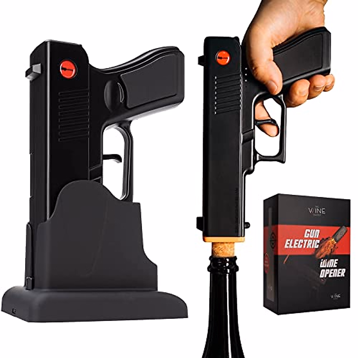 Electric Gun Wine Corkscrew Bottle Opener - Rechargeable Holster Base Cordless Battery - Automatically Open Wines Multifunctional Electronic Cork Puller - Guns Enthusiasts Gift & Vino Lovers (Black)