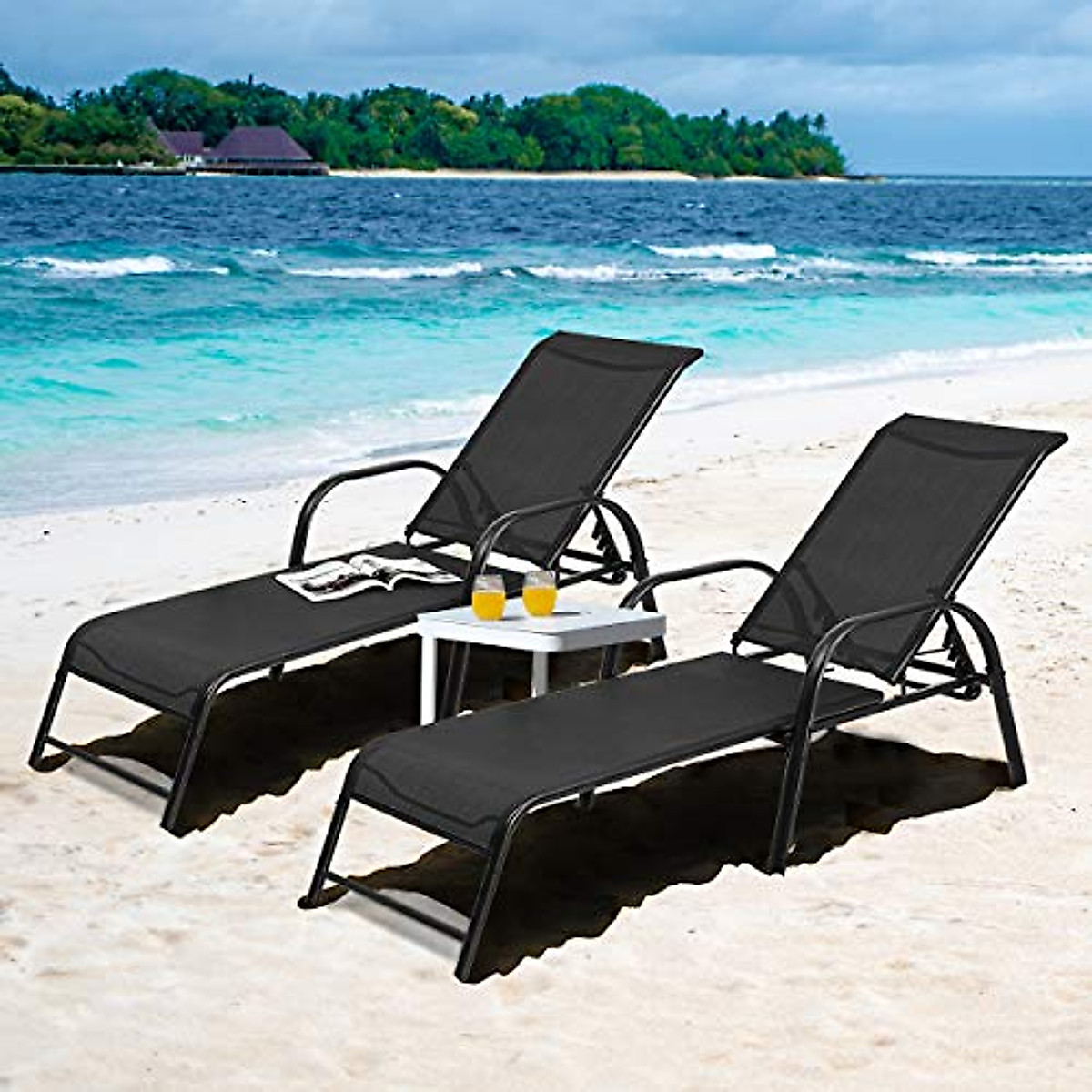 Tangkula Outdoor Patio Lounge Chaise, (Set of 2) Adjustable Folding Reclining Lounge Chairs, 5-Position Backrest Adjustment, Sling Chaise for Patio Beach Porch Swimming Poolside