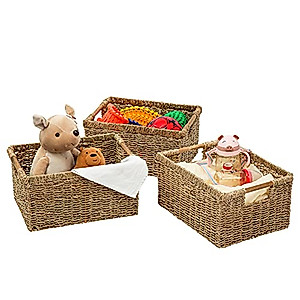 Large Wicker Basket Rectangular with Wooden Handles for Shelves, Seagrass Basket Storage, Natural Baskets for Organizing, Wicker Baskets for Storage - 3 Pack Large