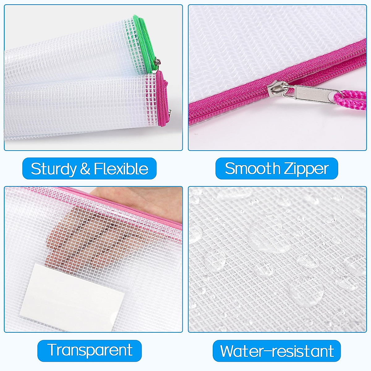 Sooez 20 Pack Zipper Pouch, Mesh Zipper Pouch with Label Pocket, Durable Pouches for Organization, Board Game Storage, Zipper Bag Waterproof, Document Bag Letter/A4