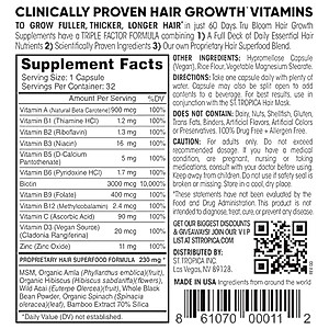 Tru Bloom Hair Growth Vitamins - 1 Month Supply. Clinically Proven for Fuller, Thicker Hair. Natural & Drug-Free. Ultimate Hair Vitamins for Proven Results