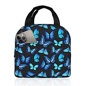 Insulated Black Lunch Bag Box for Women with Blue Butterfly Print Cute Lunch Cooler Thermal Waterproof Reusable Tote Bag with Big Pocket for Work Office Picnic College