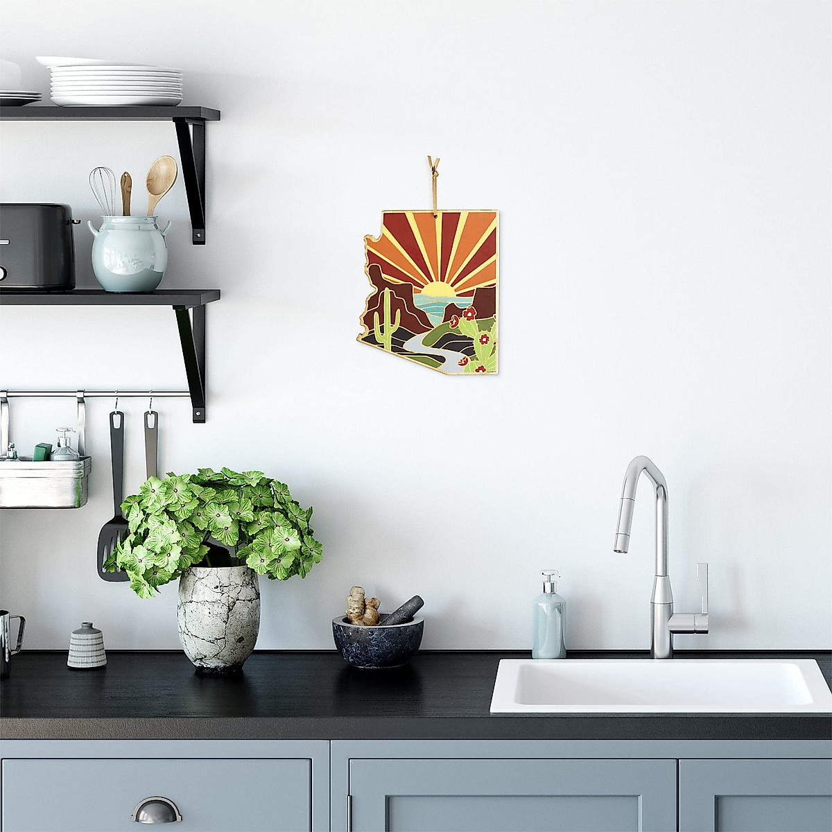 Totally Bamboo Arizona State Shaped Cutting Board and Charcuterie Serving Platter with Artwork by Summer Stokes, Includes Hang Tie for Wall Display