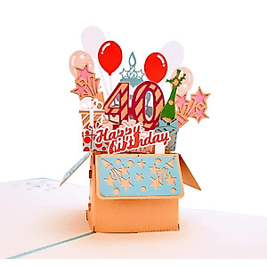iGifts And Cards Happy 40th Blue Birthday Party Box 3D Pop Up Greeting Card – Forty, Awesome, Balloons, Presents, Unique, Celebration, Feliz Cumpleaños, Congrats, Fun