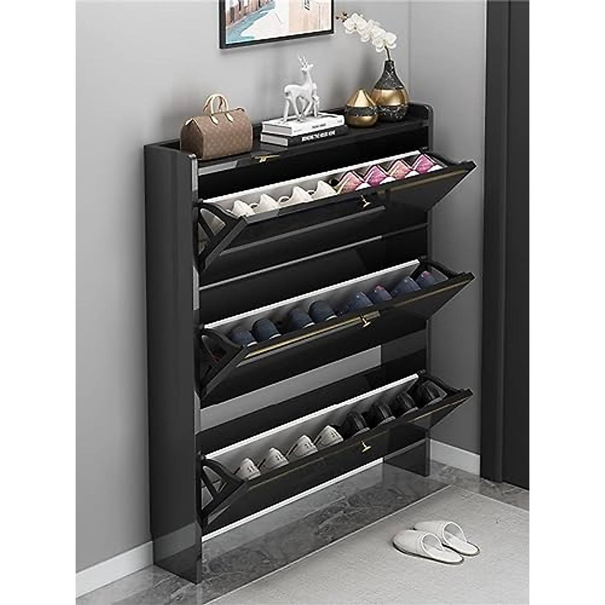 Shoe Cabinet with Doors, Shoe Storage Cabinet with 3 Flip Drawers for Entryway, Wood Narrow Shoe Rack, Tall Shoe Shelf for Living Room Porch Hallway, Black