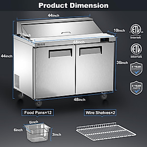 48’’ W Commercial Refrigerator 2 Door, Refrigerated Sandwich Salad Prep Table with 12 Pans Cutting Board, Mega Top/Stainless Steel/13 Cu.FT. Capacity/ETL NSF Approved