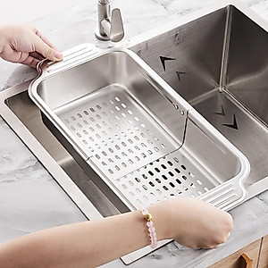 ZDRongZhen Kitchen Supply-Over The Sink Stainless Steel Retractable Kitchen Sink Basket -Wash Vegetables and Fruits, Drain Pasta and Dry Dishes,Extendable (Medium Silver)