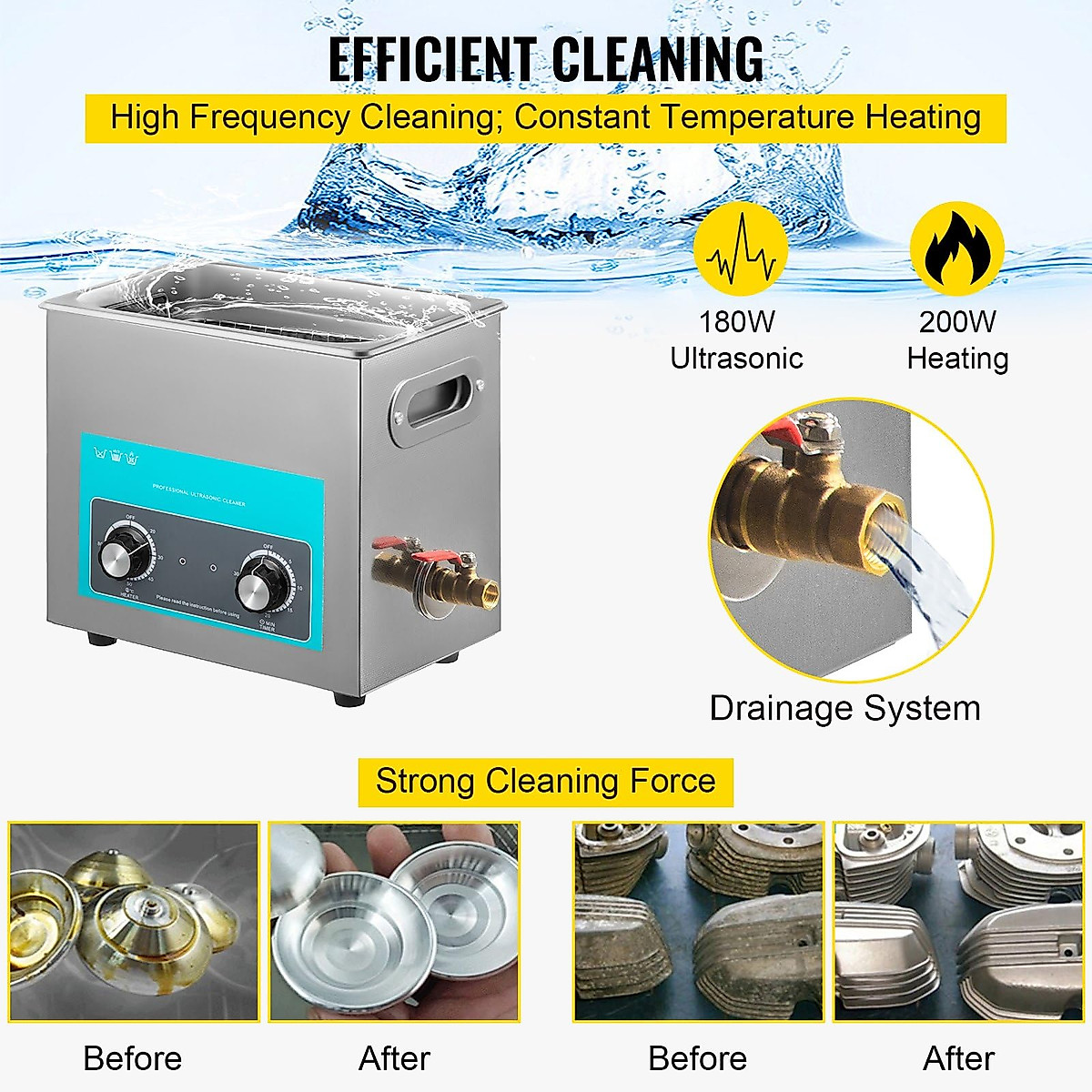Ultrasonic Cleaner with Heater Timer Control, Lab Water Drain - Ideal for Solution Cleaning