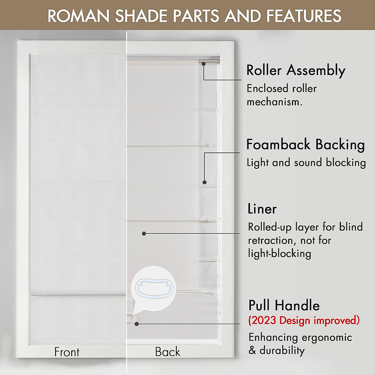 Madison Park Galen Cordless Roman Shades - Fabric Privacy Single Panel Darkening, Energy Efficient, Thermal Insulated Window Blind Treatment, for Bedroom, Living Room Decor, 27" x 64", White