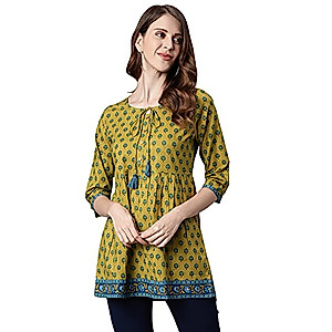 Janasya Indian Women's Green Cotton Tunic(JNE3688-TU-S)