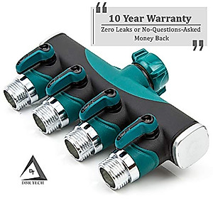 DBR Tech 4 Way Garden Hose Splitter for Outdoor Lawn and Gardening Hoses, Heavy Duty Metal Faucet Attachment, Leak Resistant Threading with Shut Off Valves, Four Way Spigot Adapter Full Flow, Green