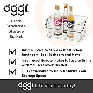 Oggi Clear Stacking Storage Basket with Handle, Large-14"x9"x5"