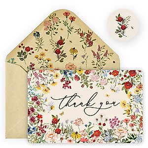 Artoid Mode 24 Pack Vintage Wildflower Thank You Cards Flower Greeting Cards Gift With Envelope Sticker Blank Note Cards for Birthday Wedding Baby Shower Bridal Shower, 4 x 6 Inch
