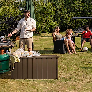 Domi Deck Box Outdoor 150 Gallon, Waterproof Lockable Steel Outdoor Storage Container for Outside Cushions, Garden Tools and Pools Equipment, Dark Brown