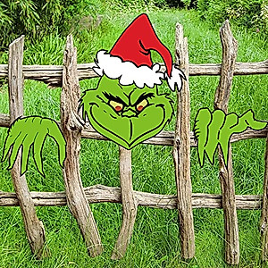 AMZFAVOR Christmas Decorations Outdoor - Fence Yard Sign with Hand Head for Holiday Christmas Fence Peeker Decorations