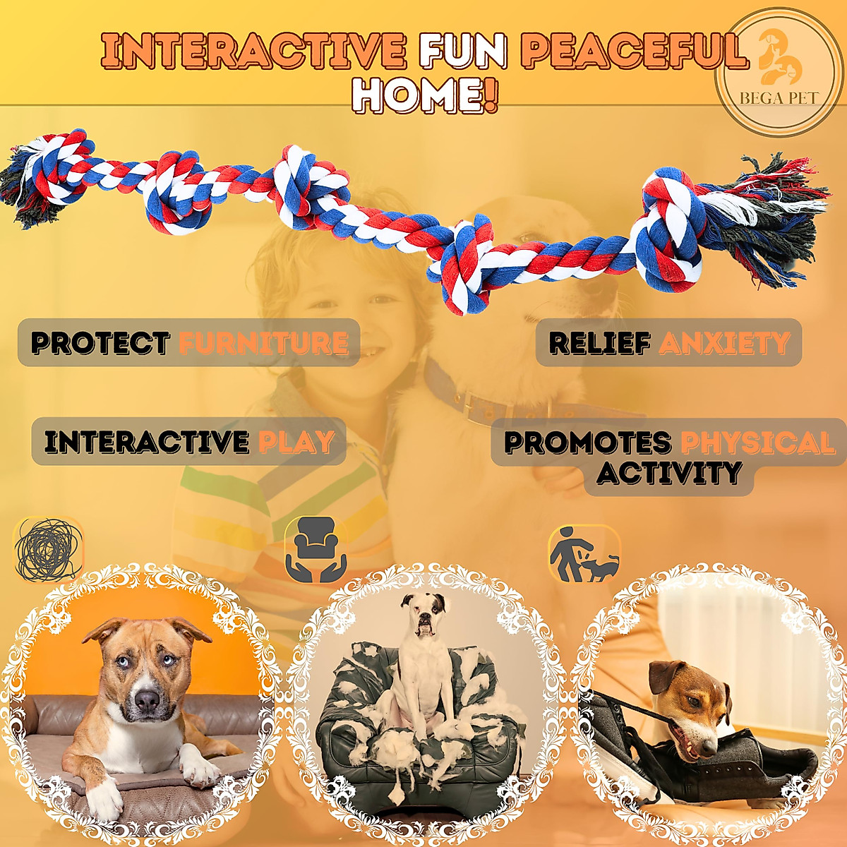 BEGA PET 38 in Dog Toys for Aggressive Chewers Medium Large Dogs Breed - Tough Rope Chew Toy Heavy Duty Ropes for Dog 5 Knots Indestructible Puppy Teething Chew Tug of War Durable Gift Birthday