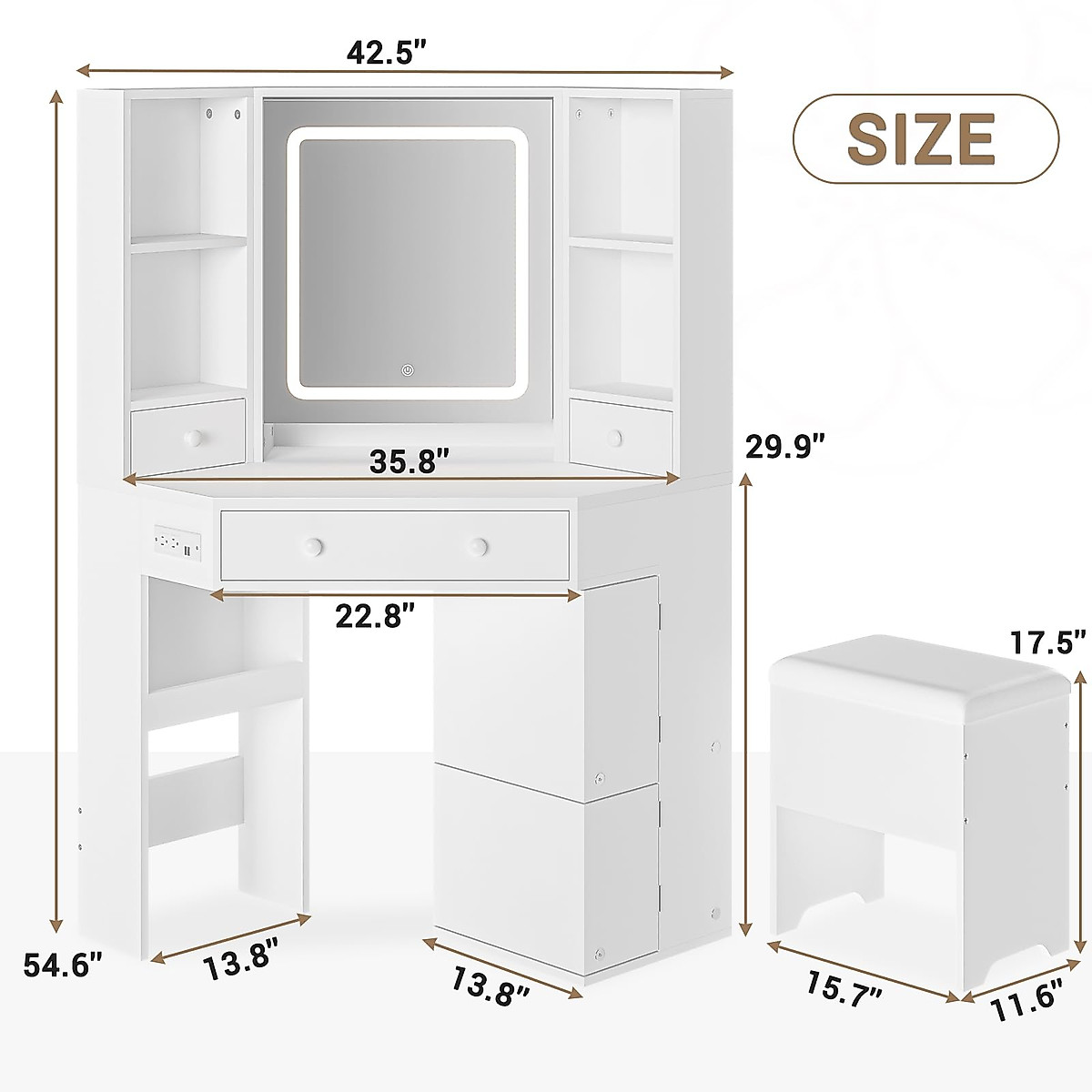 BTHFST Corner Vanity Desk with Lights and Charging Station, Makeup Vanity with Lights, Vanity Set with Mirror and Storage Stool, Makeup Table with Drawers, Rotating Shelves, White