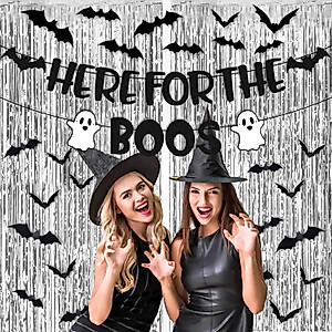 Here for The Boos Party Decorations Halloween Banner Bat Wall Decor Silver Foil Curtains Backdrop Haunted House Horror Theme for Boy Girl Kids Halloween Festival Holiday Black Glitter Party Supplies