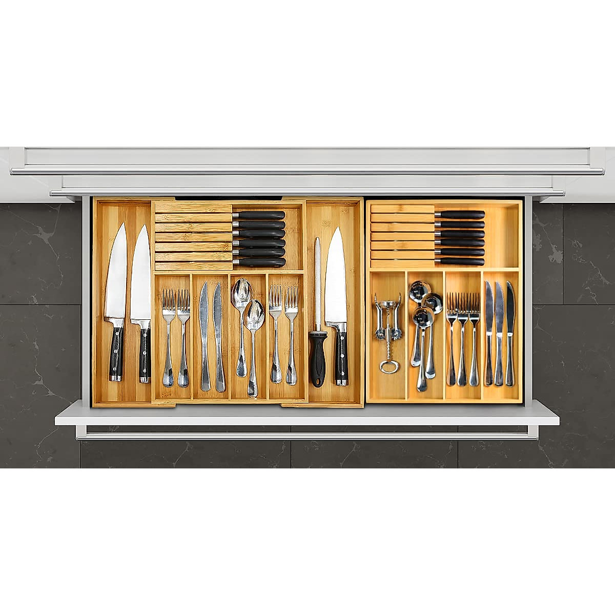 Bamboo Silverware Drawer Organizer with Knife Block Set
