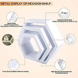 NICECHOOSE Hexagonal Shelves, 3Pcs Wall Mounted Shelf Floating Shelves Wood Storage Rack Display for Home Bedroom Kids Room Decor - White