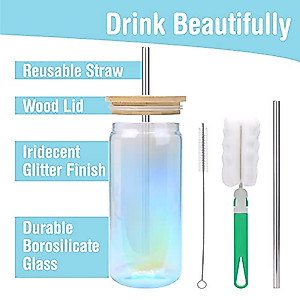 H&T Designs 4 Pack Iridescent Mason Jar Cups Drinking Glasses with Bamboo Lids Stainless Steel Straws