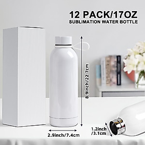 PlanetFlame 12 Pack 17 oz Sublimation Tumblers Bulk, Double-wall Insulated Stainless Steel Water Bottle Sublimation with Silicone Ring for Office,Gym,Travel, White