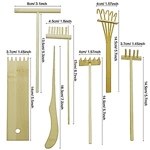 Cayway 7 PCS Garden Rake Kit, Garden Zen Rake Tools Sand Garden Kits Bamboo Rakes Tool Bamboo Rakes Holder with Moss Rakes Brusher Spoon for Man Women