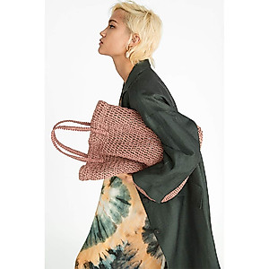 QTKJ Fashion Hand-Woven Soft Large Shoulder Bag Boho Straw Leather Handle Tote Retro Summer Travel Beach Handbag (Pink)