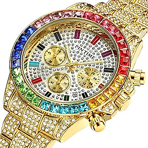 Gosasa Luxury Bling-ed Out Colorful Dial Full Diamond Hip Hop Rocks Watches Fashion Quartz Analog Stainless Steel Bracelet Wrist Watch (Gold)