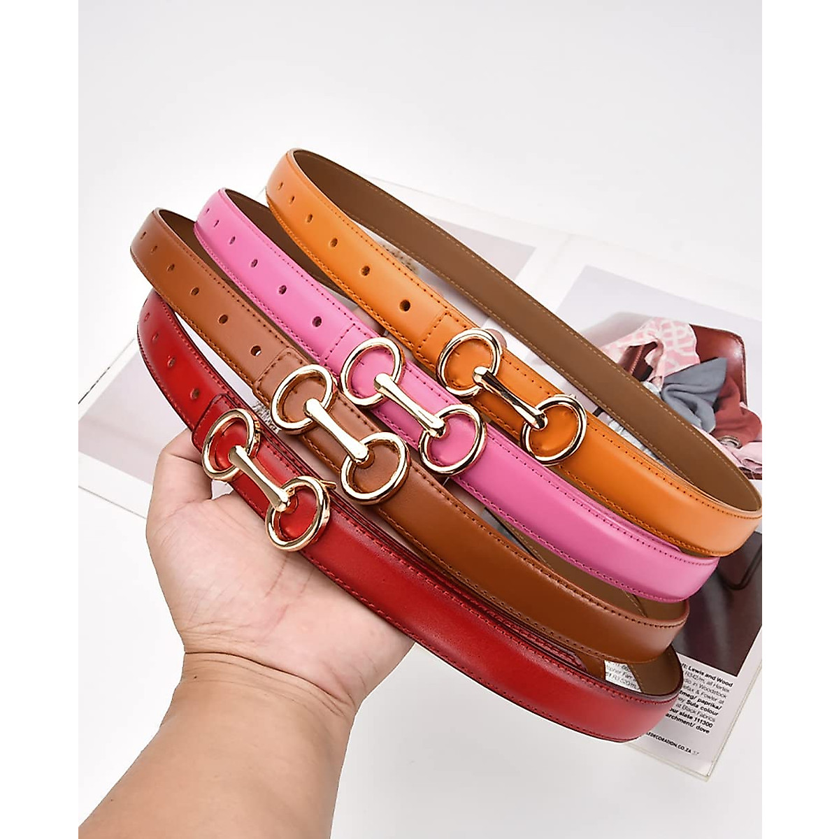 SPOMUNT Womens Classic Double Ring Buckle Design Leather Dress Belt，Fashion Belt for Jeans Pants (Orange, 105cm(Fits pants size 25"-33"))