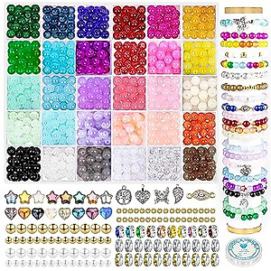 855pc Glass Beads Bracelet Making Kit, 28 Colors 8mm Glass Beads for Jewelry Making Crystal Beads for Bracelet Earring, Necklaces and DIY Crafts Glass Round Beads Bulk with Spacer Beads Set