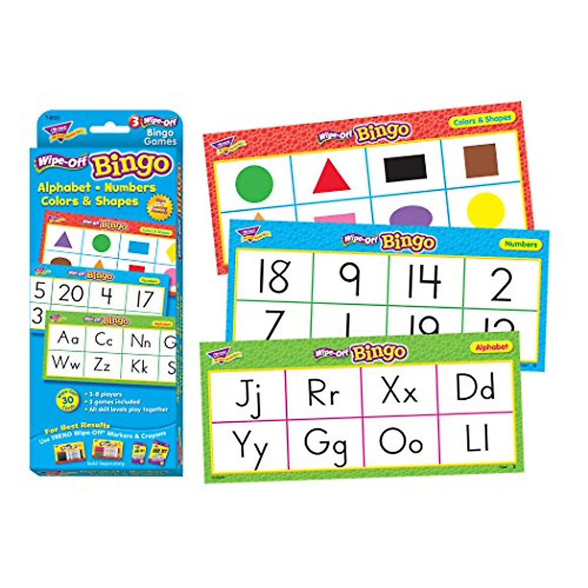 TREND ENTERPRISES, INC. Alphabet, Numbers, Colors & Shapes Wipe-Off Bingo (T-6601)