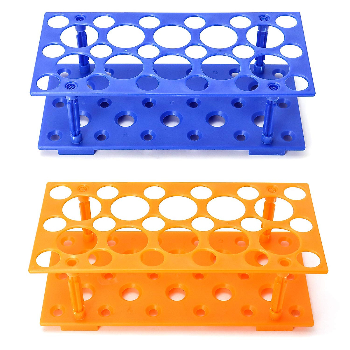 QWORK Centrifuge Tube Holder Set - Plastic Test Tube Rack (2 Pack) in Blue and Orange, Accommodates 10ml, 15ml, and 50ml Tubes, Detachable Stand