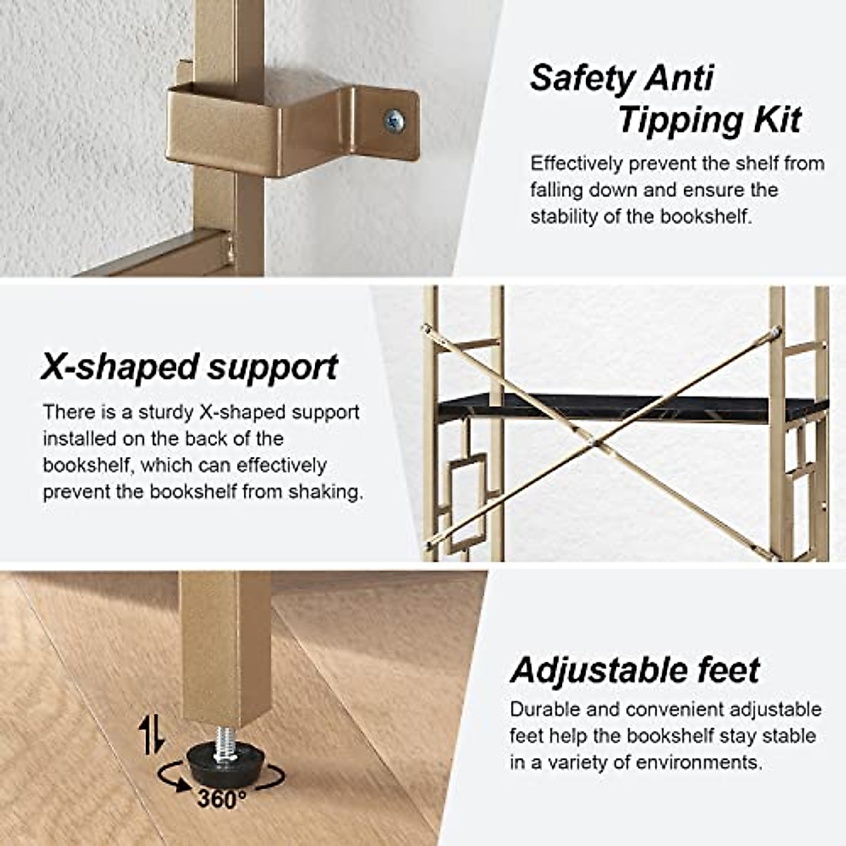 HOMISSUE Bookcase,6-Tier Tall Bookshelf Metal Bookcase and Bookshelves, Free Standing Storage Modern Bookshelf for Home Office Living Room and Bedroom, Black & Gold