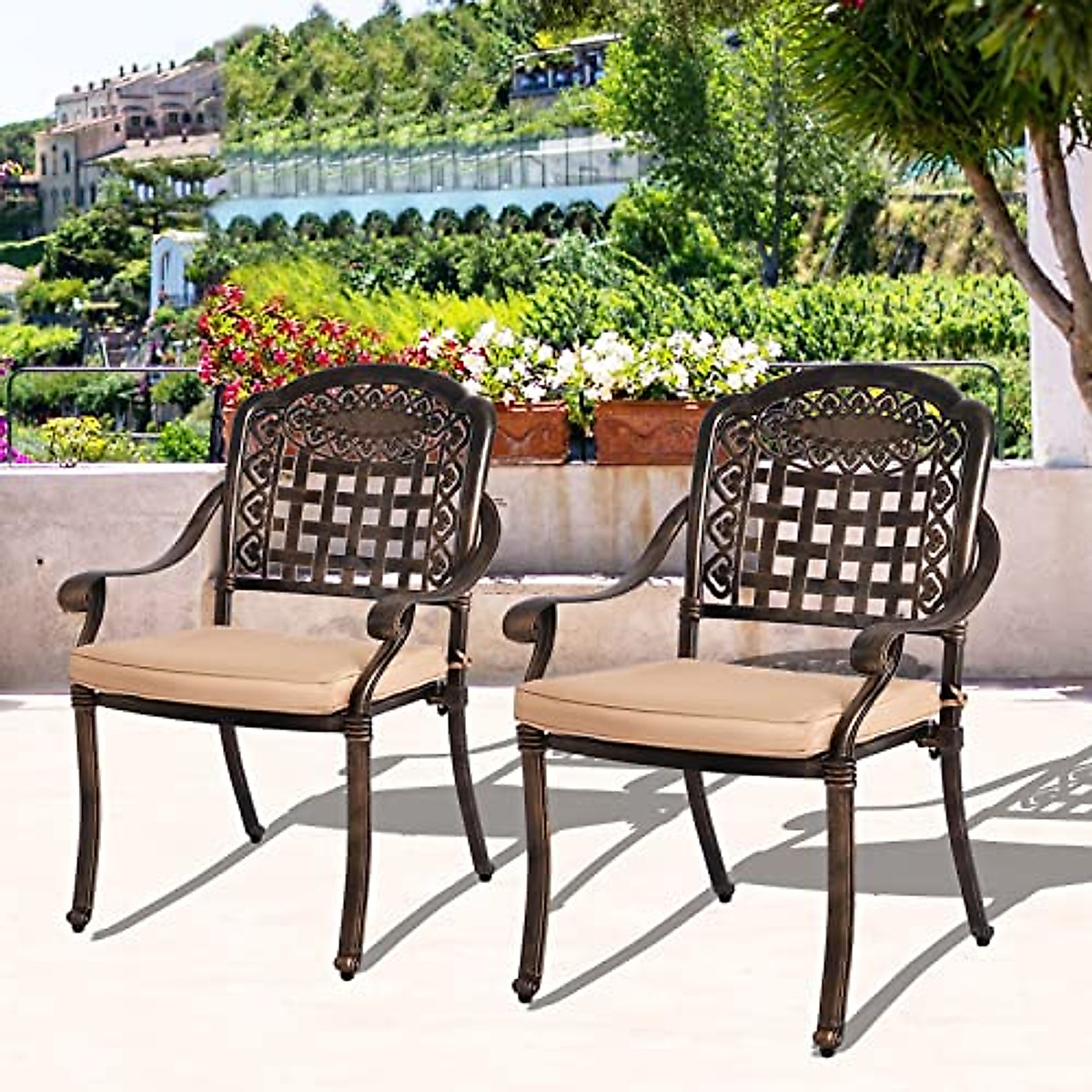 OKIDA 2 Piece Outdoor Dining Chairs, Cast Aluminum Chairs with Armrest, Patio Bistro Chair Set of 2 for Garden, Backyard (Mesh Design with Khaki Cushion)