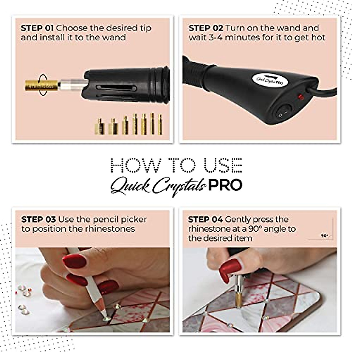 Quick Crystals Pro Hotfix Applicator, Bedazzler Kit with Rhinestones, DIY Wand Setter Tool Kit with 7 Different Tip Sizes, Tweezers, Cleaning Brush, User Manual, and 4400 Rhinestones.