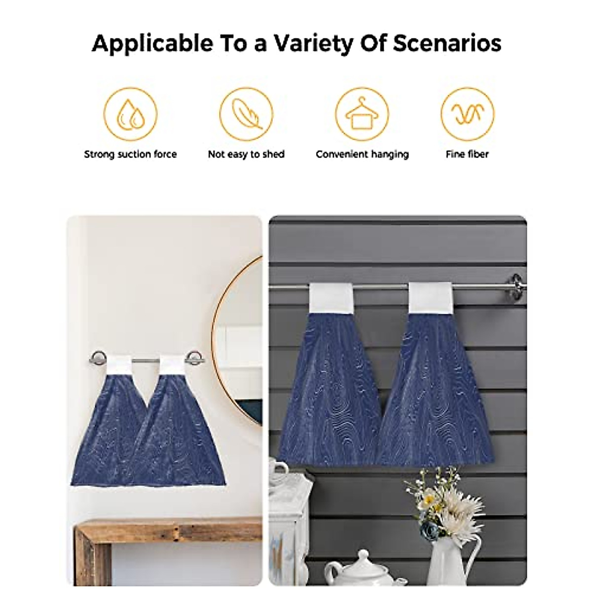 Ldtrchee Navy Blue Hand Towel with Hanging Loop, Abstract Mountains Line Minimalist Art Hanging Tie Towels Set 2 Pcs, Kitchen Absorbent Towel for Bathroom Tea Bar Laundry