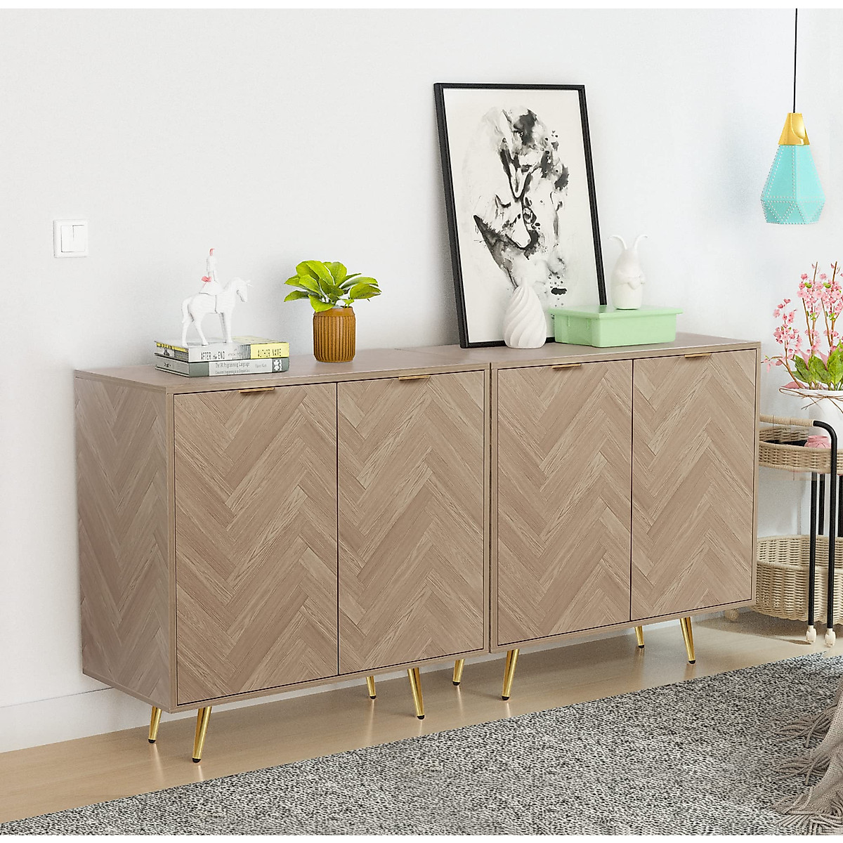 Anmytek Modern Sideboard Buffet Cabinet, Natural Oak Accent Cabinet with 2 Doors and Adjustable Shelf Spaicous Storage Cabinet for Living Room Kitchen Hallway, H0058