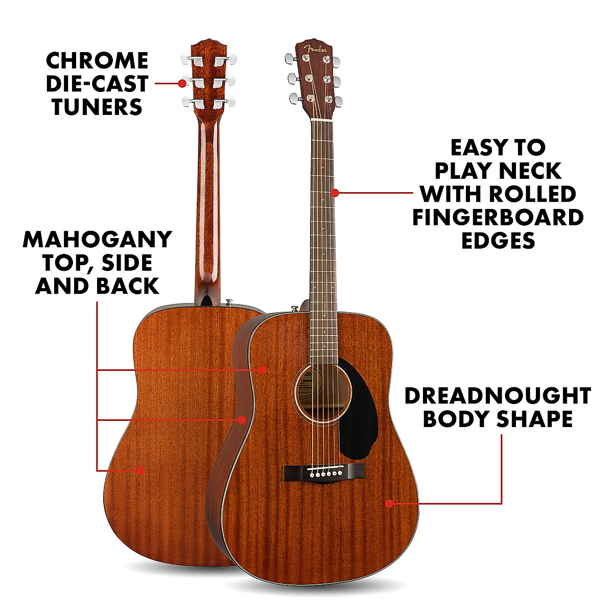 Fender Acoustic Guitar, CD-60S, with 2-Year Warranty, Dreadnought Classic Design with Rounded Walnut Fingerboard, Glossed Finish, All-Mahogany Construction