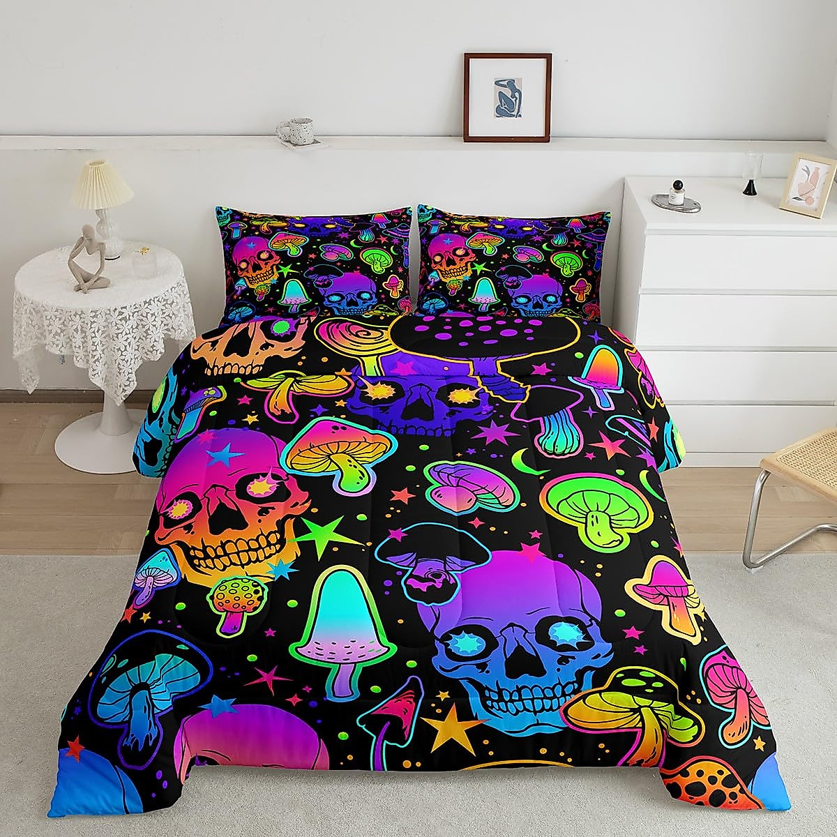 Feelyou Halloween Bedding Set Kids Sugar Skull Comforter Set Mushroom Comforter for Room Decor Lightweight Fluorescent Style Duvet Set with 1 Pillow Case