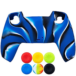 9CDeer 1 Piece of Silicone Protective Thick Cover Skin + 6 Thumb Grips for Playstation 5 / PS5 Controller Camouflage blue