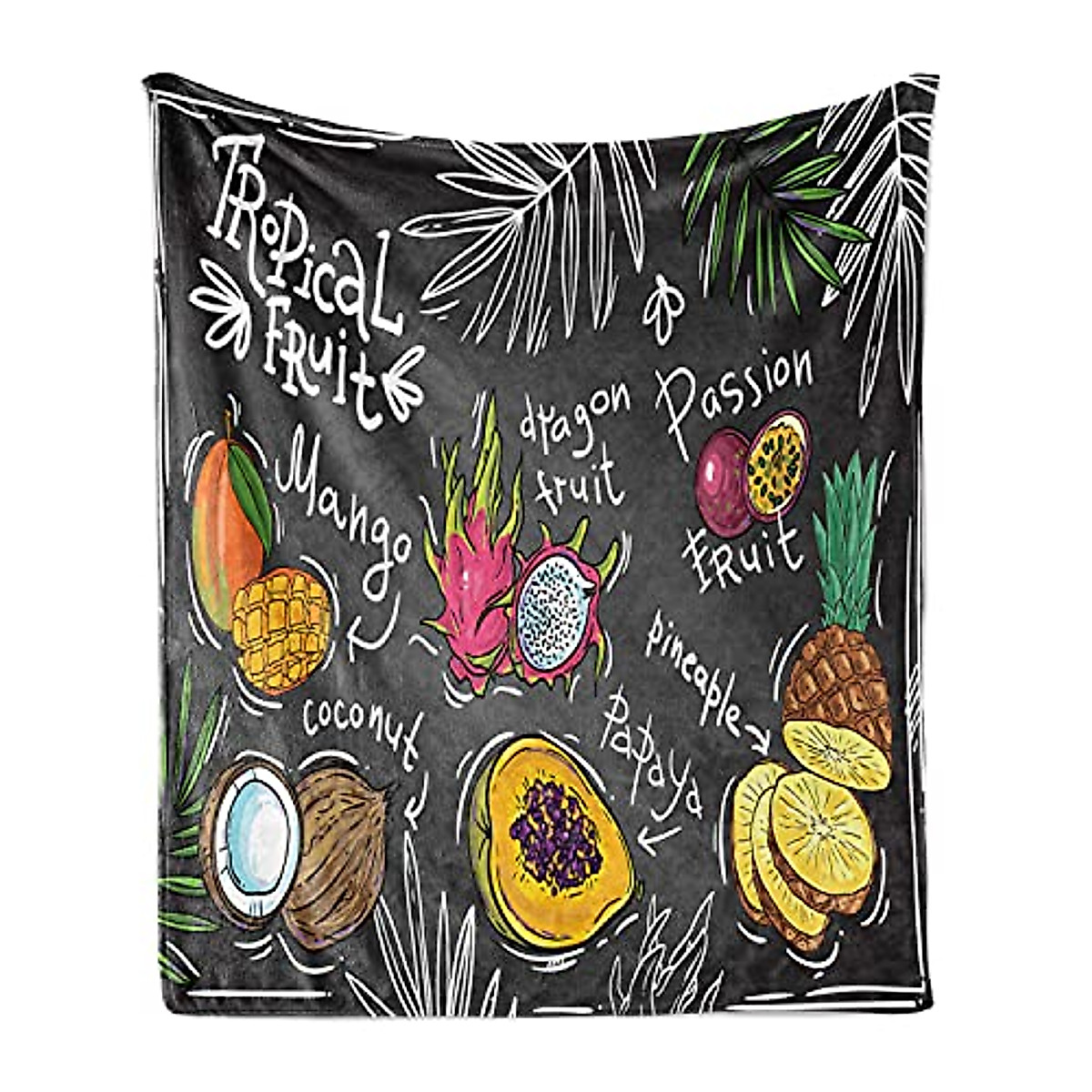 Ambesonne Fruit Throw Blanket, Hand Drawn Mango Dragon Fruit Papaya Coconut and Pineapple Sketch Tropical Blackboard, Flannel Fleece Accent Piece Soft Couch Cover for Adults, 70" x 90", Multicolor