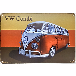 Tin Sign | VW Volkswagen Kombi Retro Germany Flag Background 8 x 12 in. | Metal Poster Wall Plaque Fun Decoration for Home Bar Room Garage Garden Man Cave | Retro Vintage Style