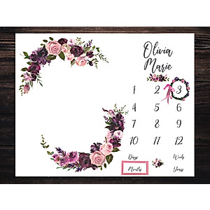 Personalized Baby Milestone Blanket 50x40 Girl Floral, Customized Milestone Blanket, Monthly Milestone Blanket, Baby Photo Prop Blanket, Custom Milestone Blanket, Baby Growth Chart, Baby Keepsake