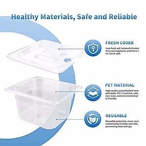 KEJJNYER 6 Pcs Plastic Food Pan with Lid, 4'' Deep Stack Clear Salad Bar Containers Commercial Plastic Restaurant Containers for Food Fruits Vegetables(1/6 Size)