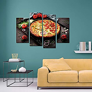 iKNOW FOTO Canvas Prints Wall Art 4 Panel Delicious Italian Pizza Served on Wooden Table Food Pictures Modern Home Decor Stretched Gallery Canvas Wraps Giclee Print for Kitchen Dinning Room Restaurant