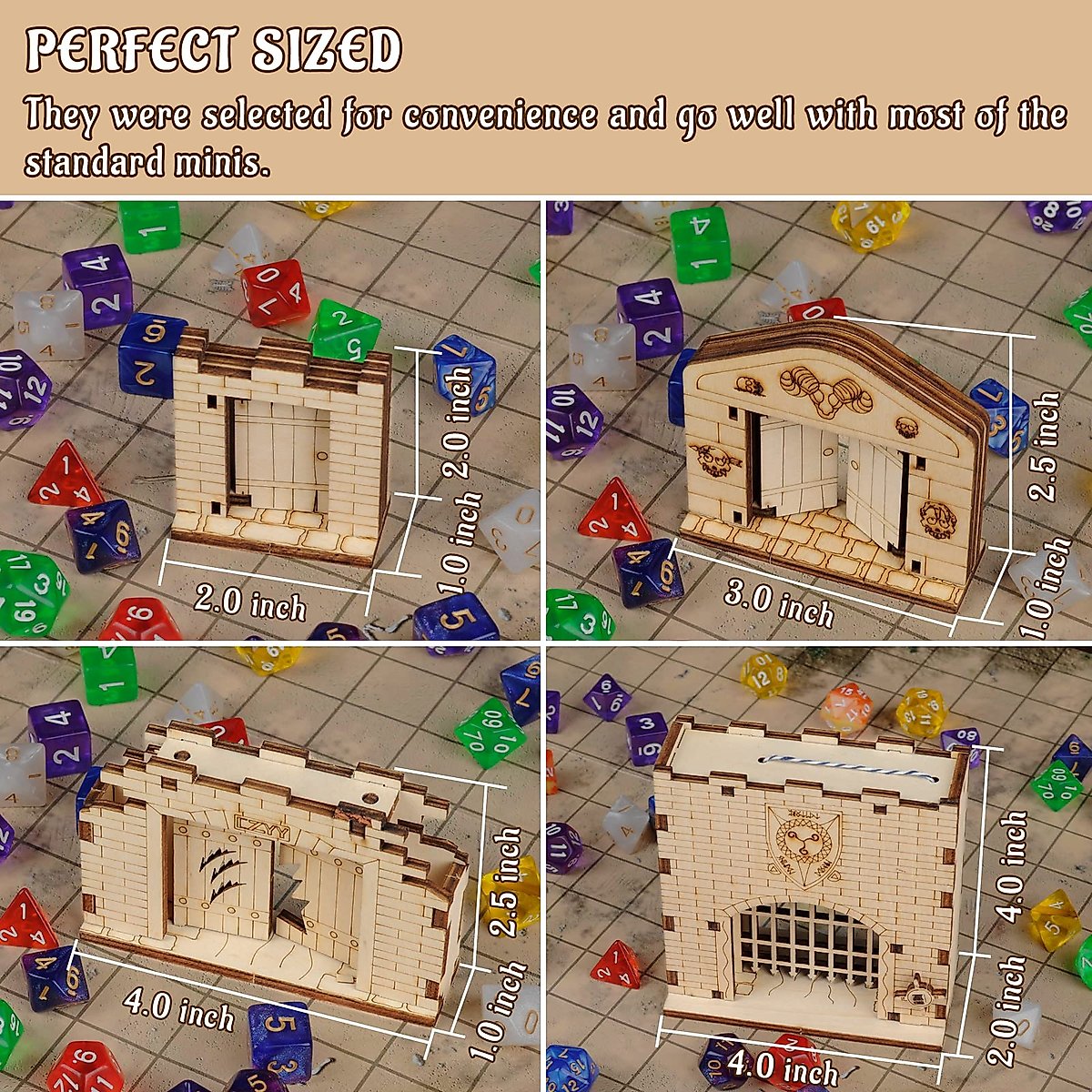 Dungeon Door & Portcullis Gate Miniatures (Set of 4) Wooden Laser Cut Open and Closed Fantasy Terrain 28mm Scale for Dungeons & Dragons, Pathfinder, D&D and Other Tabletop RPG