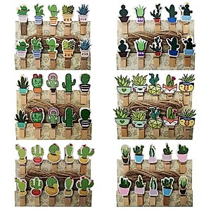 SaktopDeco 60 Counts Mini Cactus Wooden Clothespins with Jute Twine Small Floral Decorative Wood Peg Pin Craft Clips for Pictures Memo Card Photo