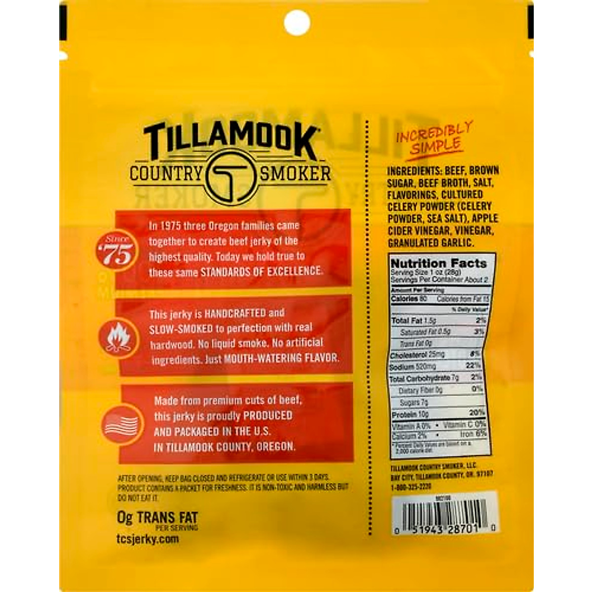 Tillamook Country Smoker Real Hardwood Smoked Beef Jerky, Old Fashioned, 2.5 Ounce